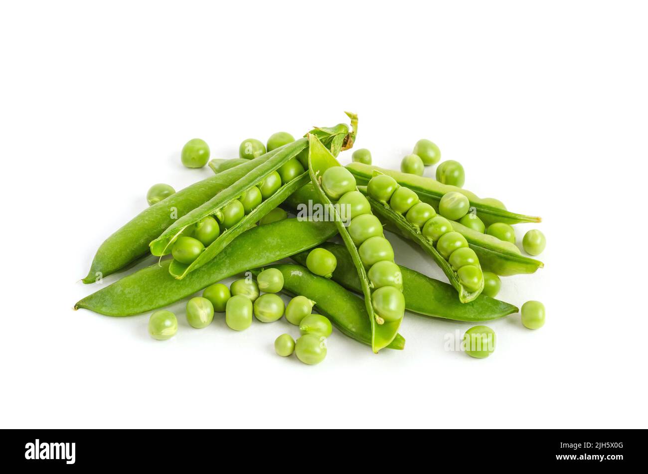 Bunch of green pea pods with individual peas isolated on white ...