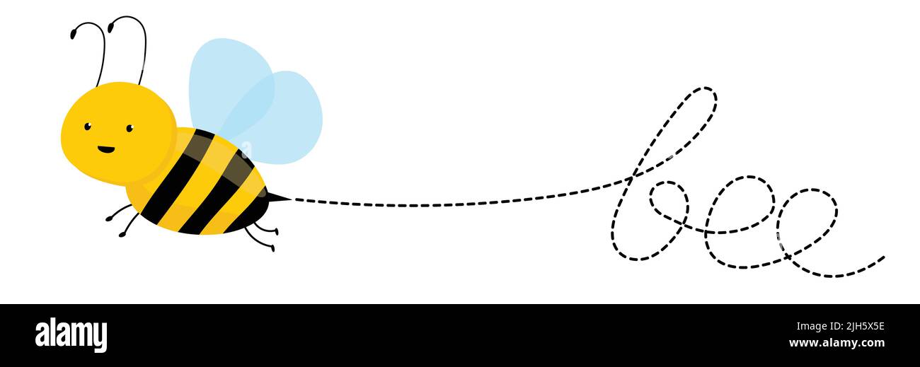 Cartoon bee in vector leaving trace with text flying isolated on white ...