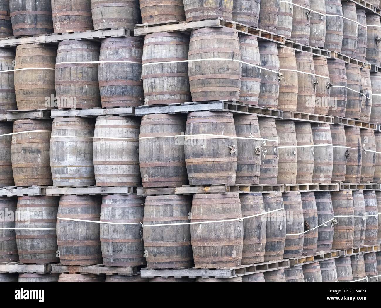 Whisky casks stacked at distillery for storage Stock Photo - Alamy