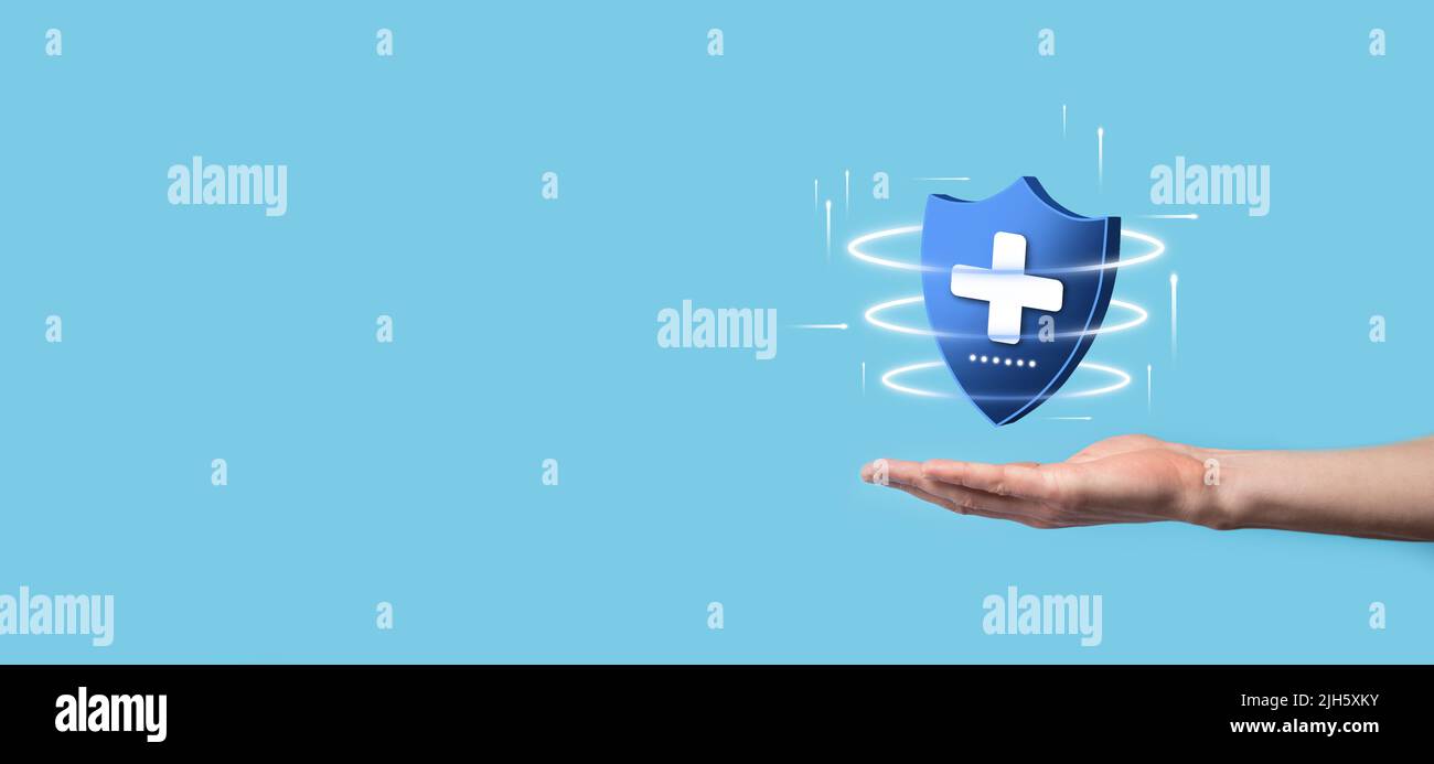 Businessman hold Shield with plus Low polygonal icon, medicine icon ...