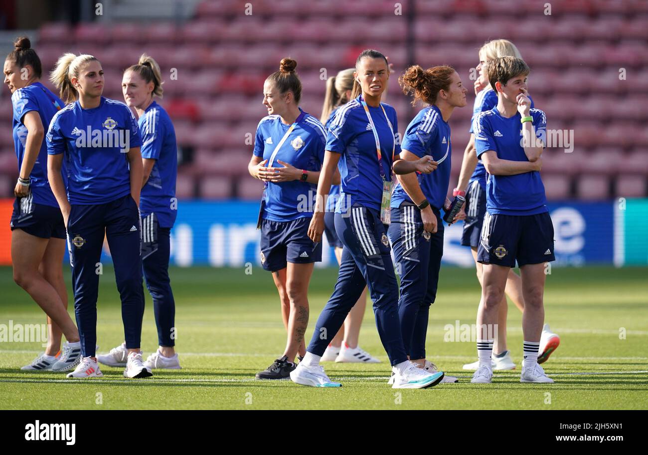 Northern Ireland's Laura Rafferty (centre) with team-mates on the pitch ...