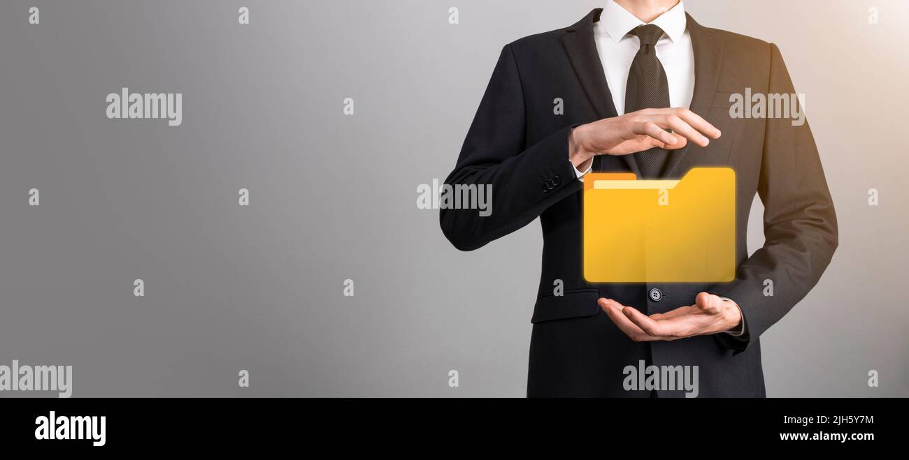 Businessman hold folder icon.Document Management System or DMS setup by ...