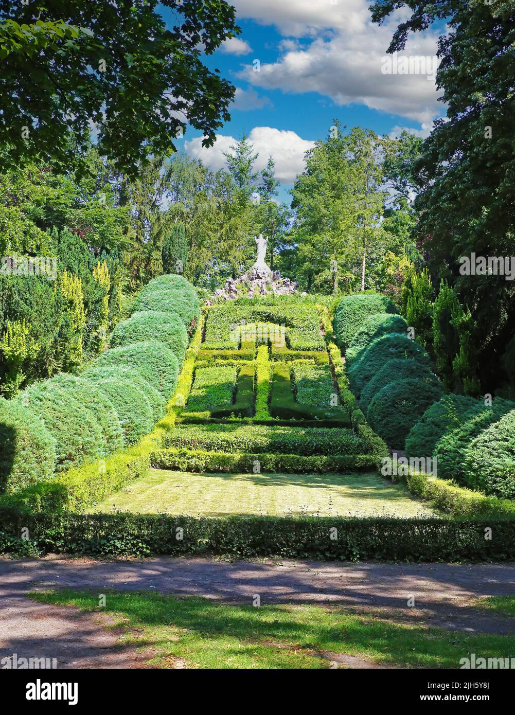 Beautiful old green abbey monastery garden park in summer, holy heart ...