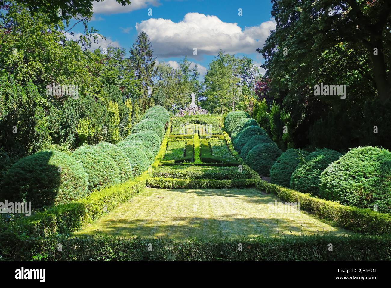 Beautiful old green abbey monastery garden park in summer, holy heart ...