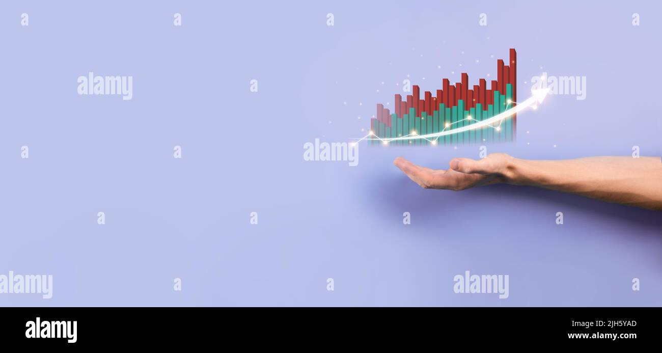 Male hand holding graph icon.checking analyzing sales data growth graph ...