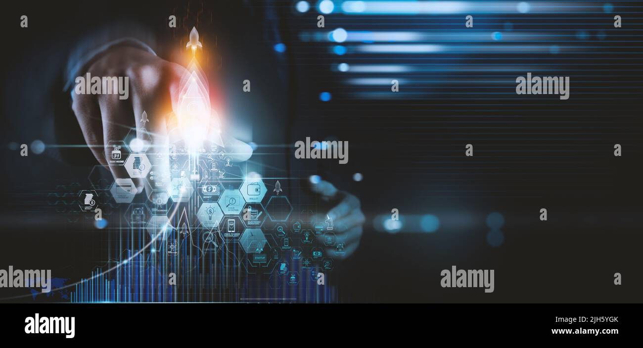 Businessman control virtual rocket launch growth business,Startup new ...