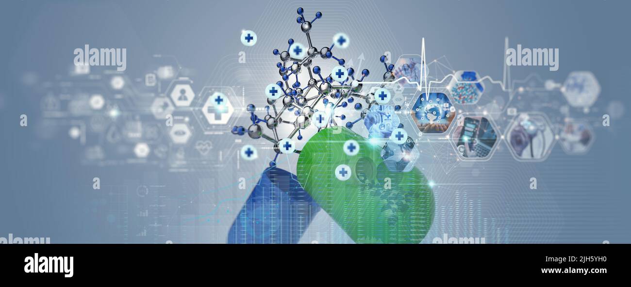 Capsule pill opening with molecule model, DNA, Science background with ...