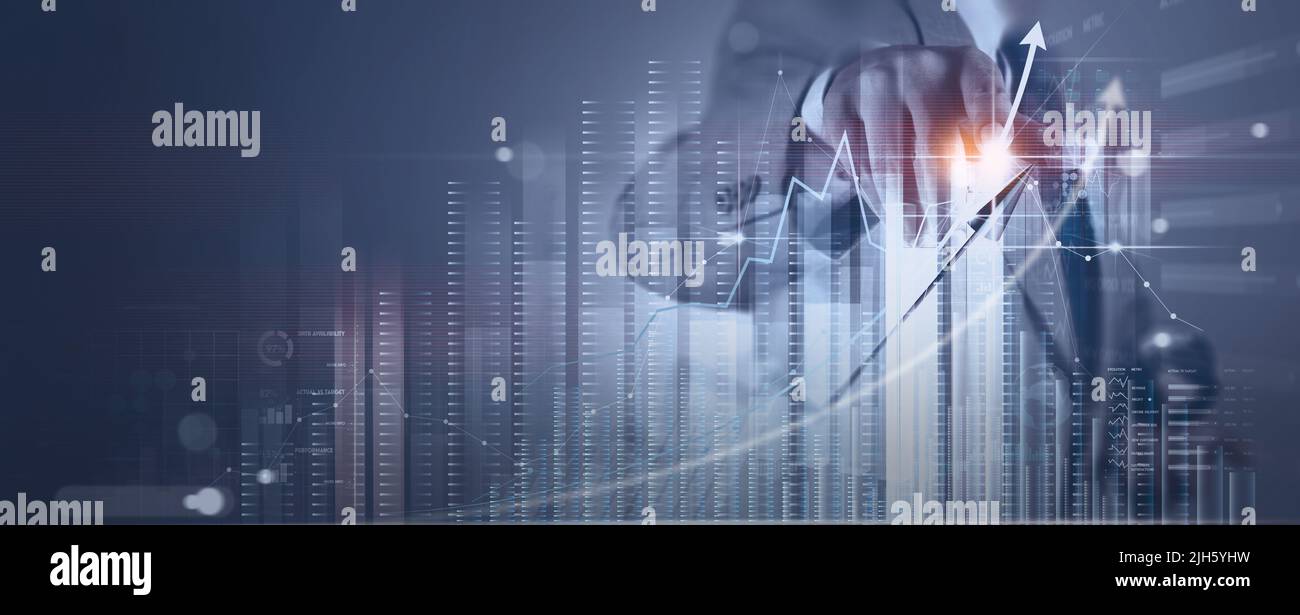 Businessman working with modern computer virtual dashboard analyzing innovation finance sales ...