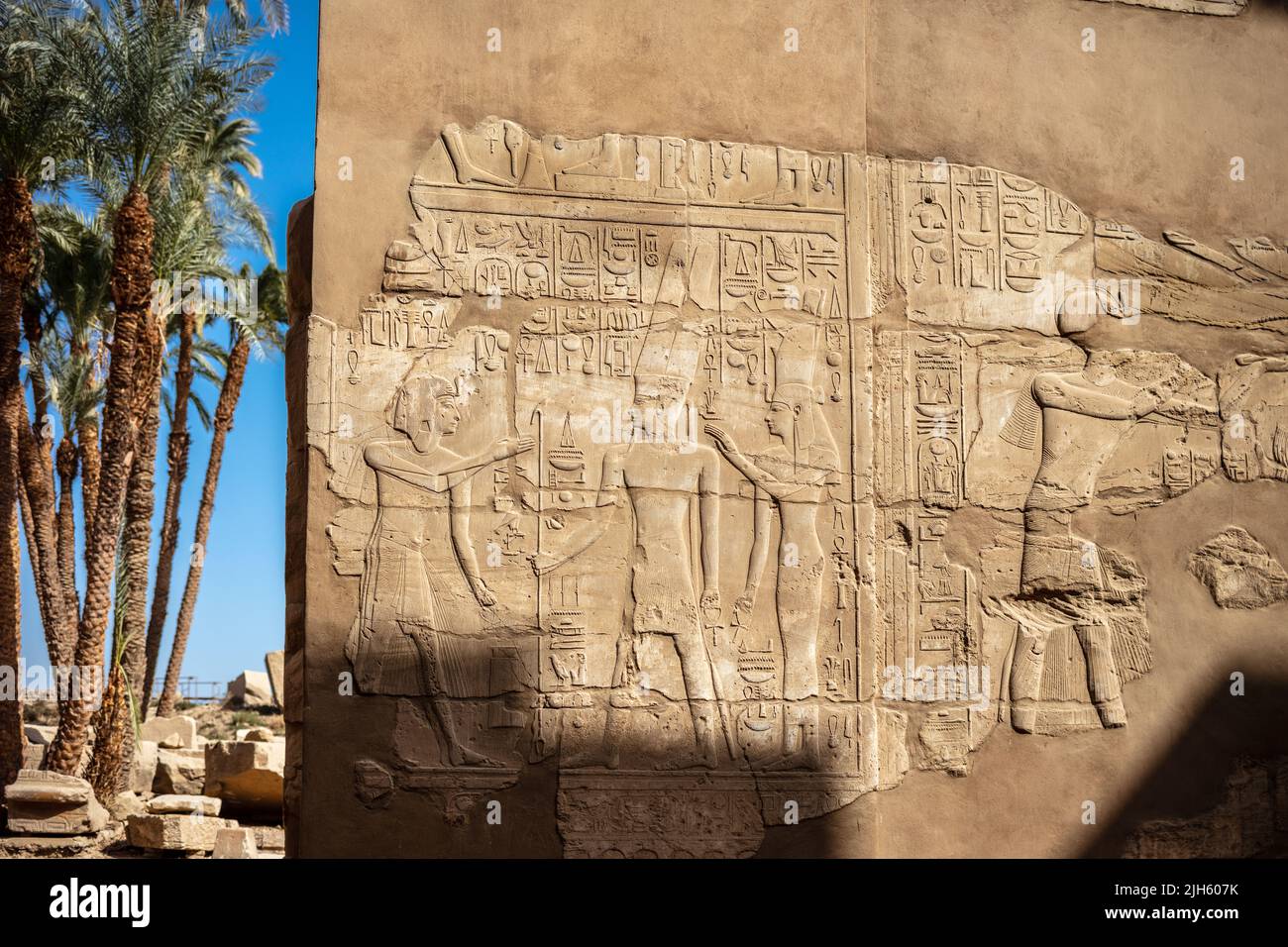 Different hieroglyphs on the walls and columns in the Karnak temple ...