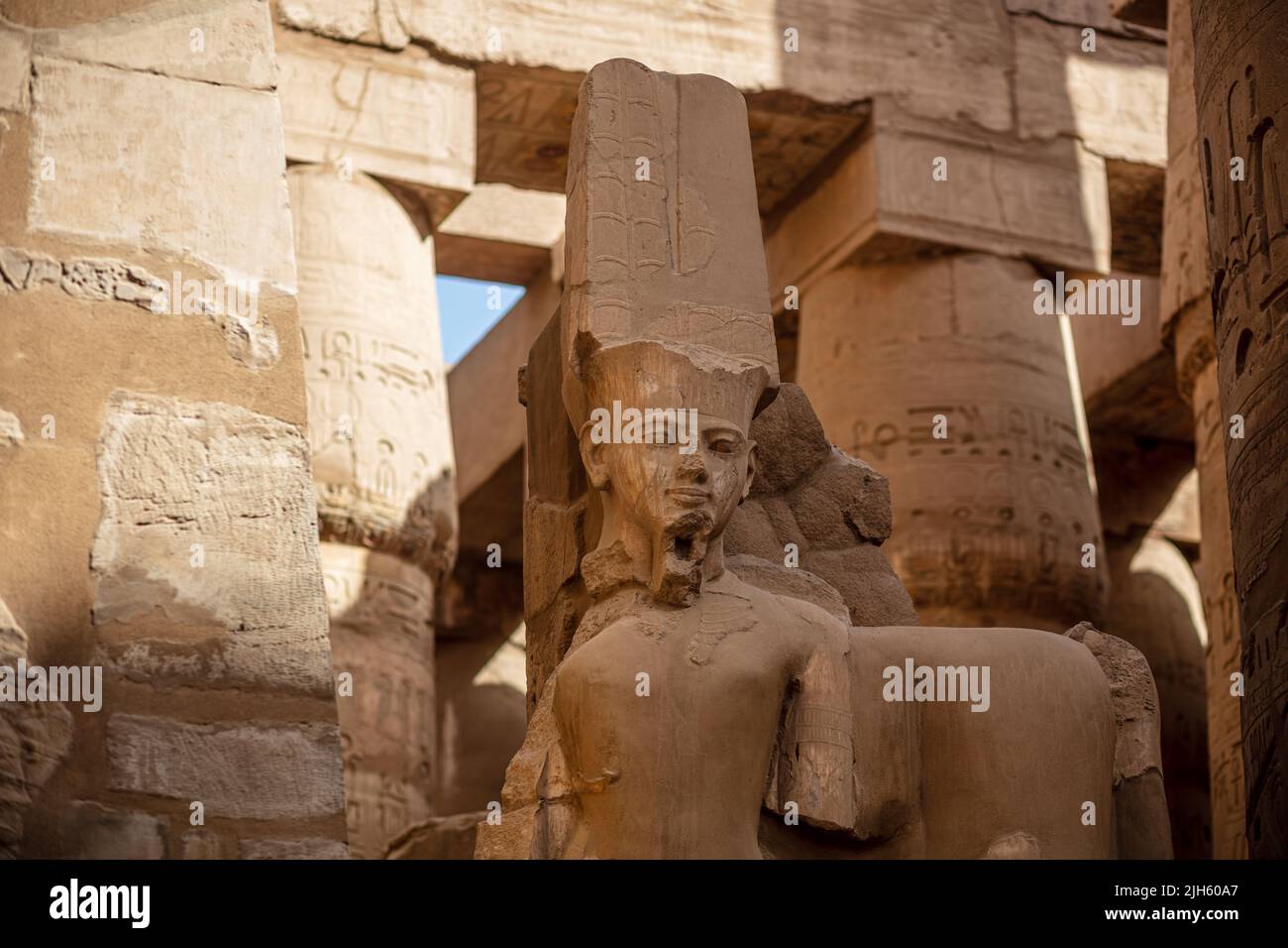 Statues of ancient Egyptian pharaohs and gods. Various hieroglyphs on ...