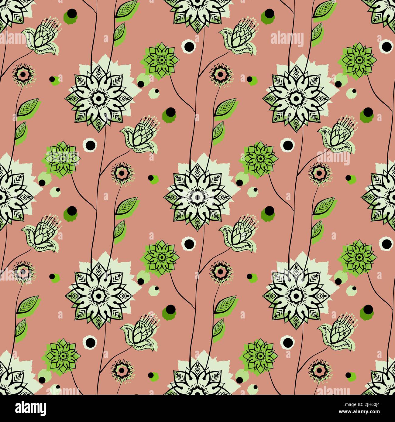 Seamless pattern with simple naive flowers with black contour Stock ...