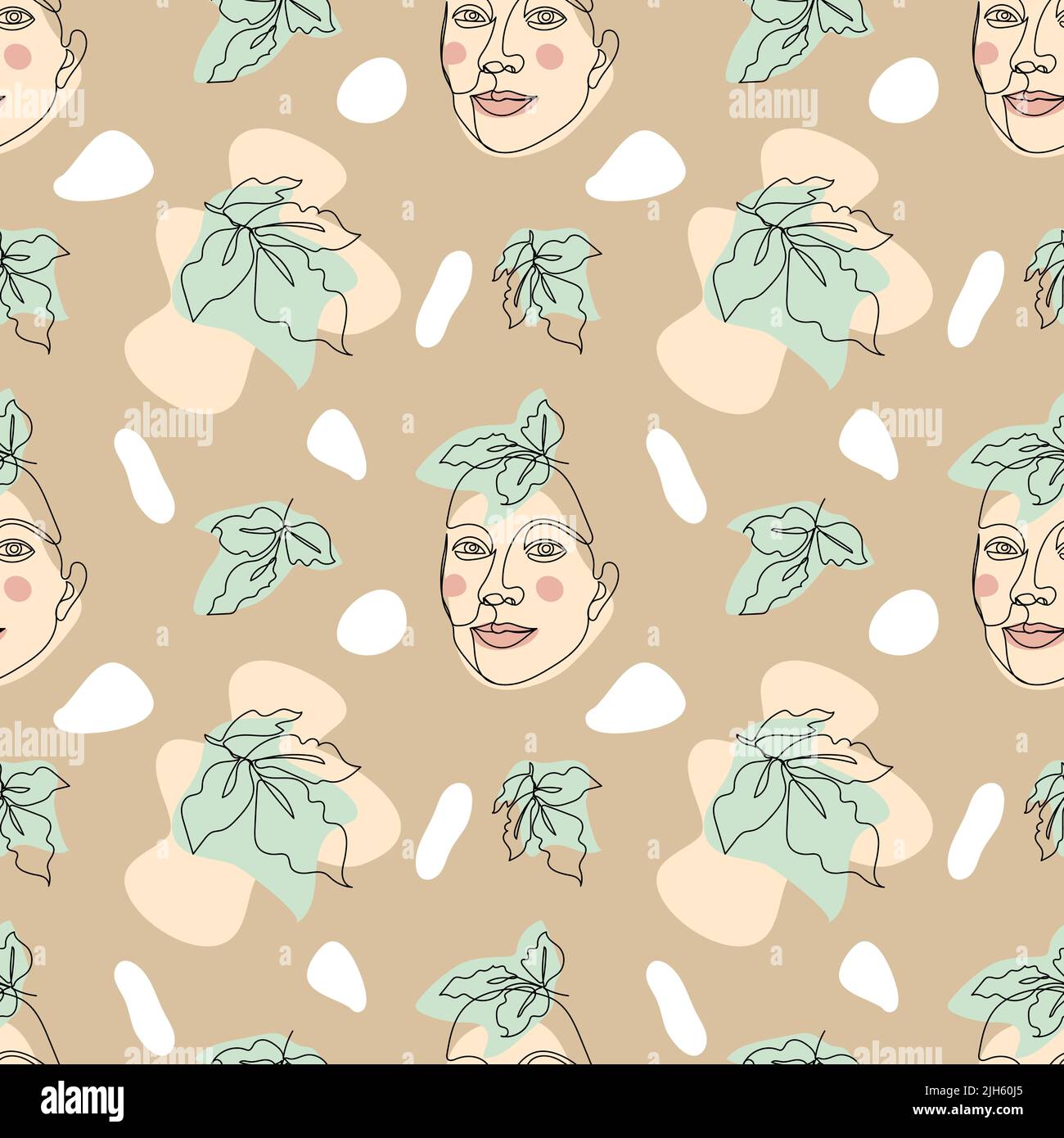 Seamless pattern with one single line drawings of female face and ...