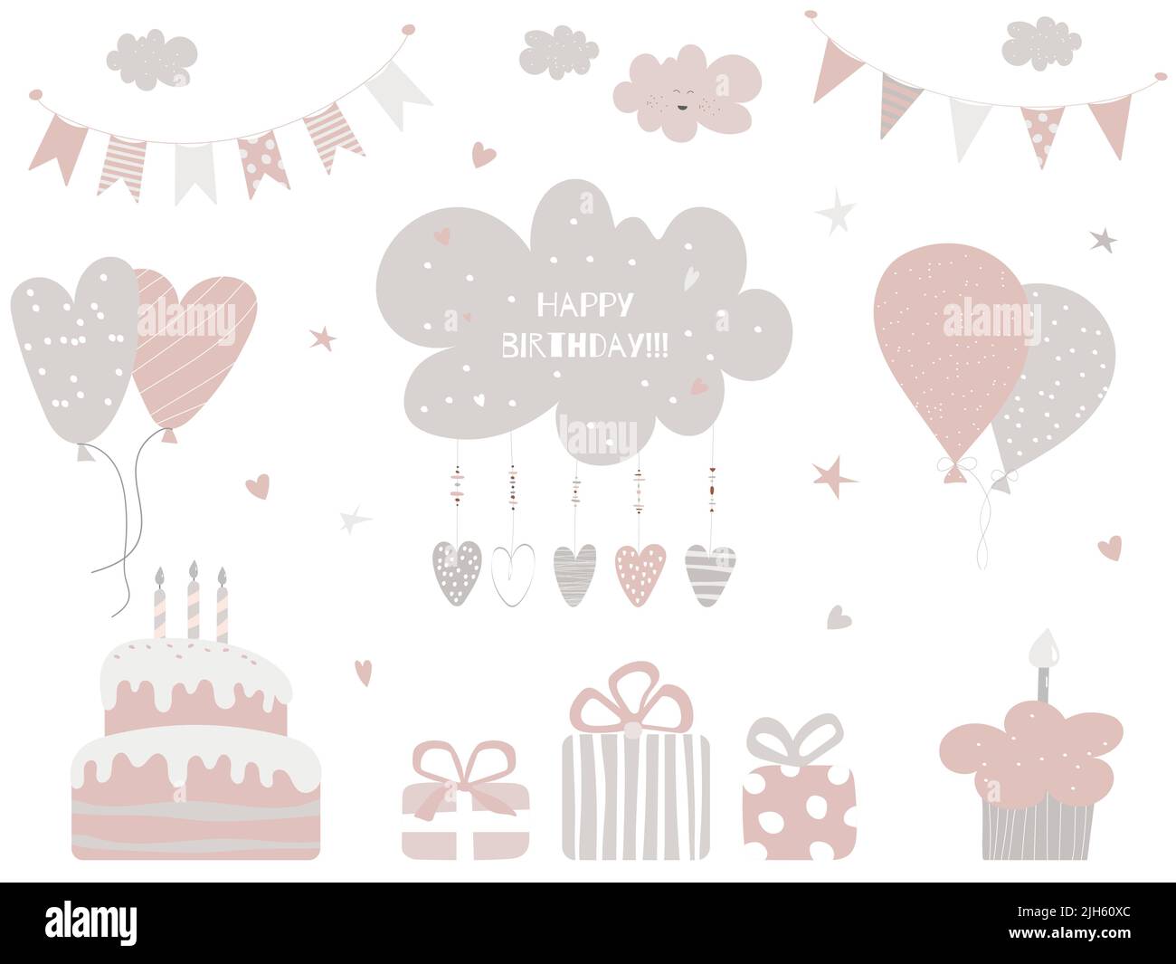 Birthday vector illustration with cake, gift boxes and baloons. Cute ...