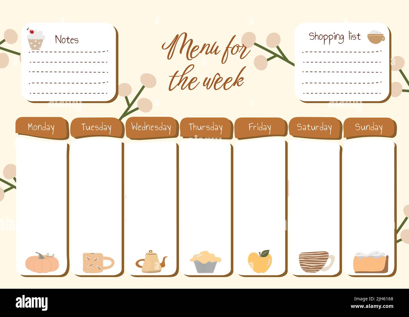 Daily shopping list in vector for every day meal menu. Food planner for ...