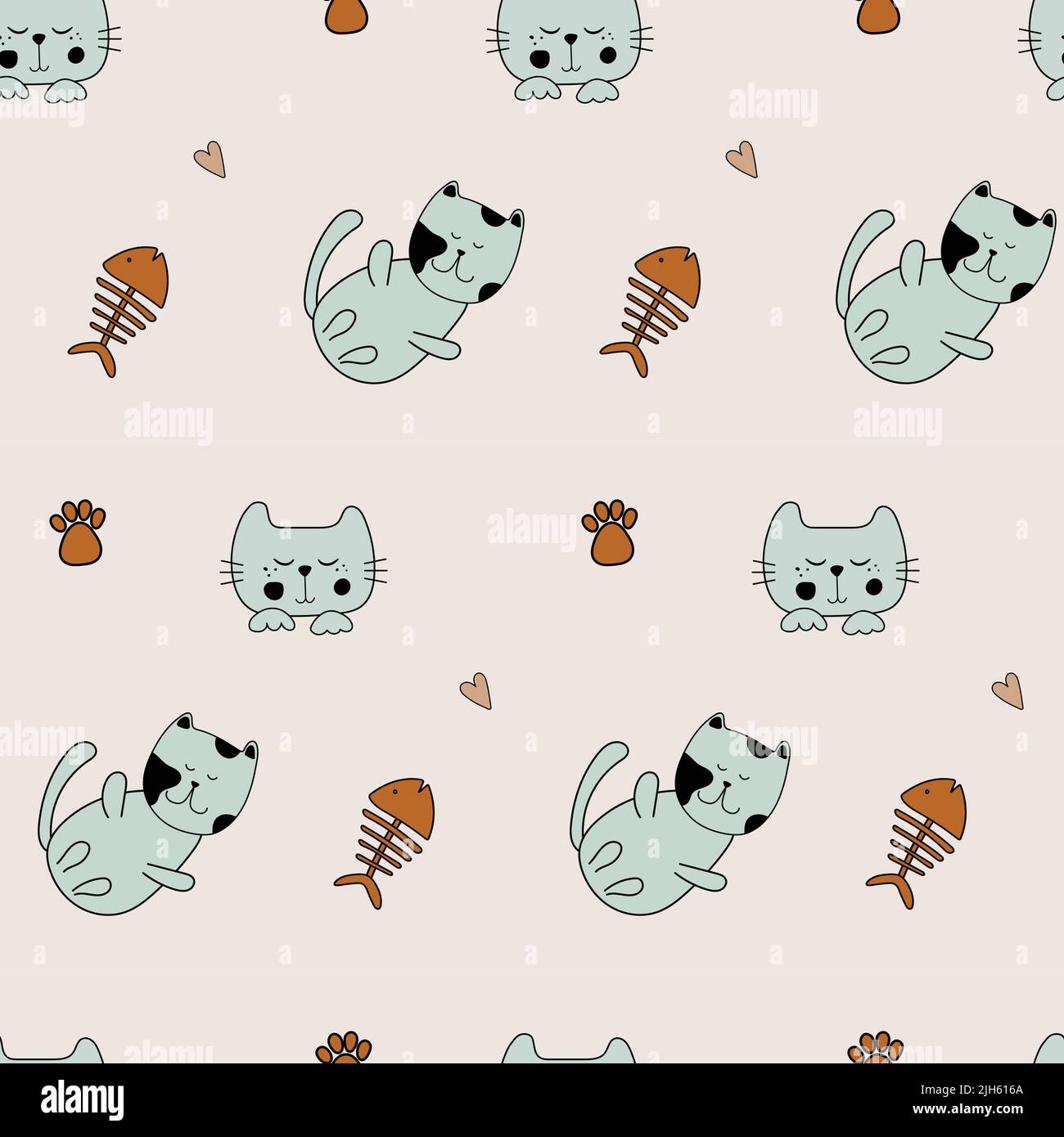 Kitty cat seamless pattern with paws. Cute colorful kitten meow cartoon ...
