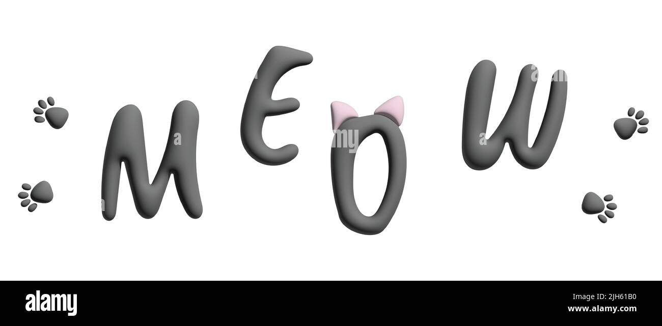 Meow word text design in 3d vector for funny postcards isolated on ...