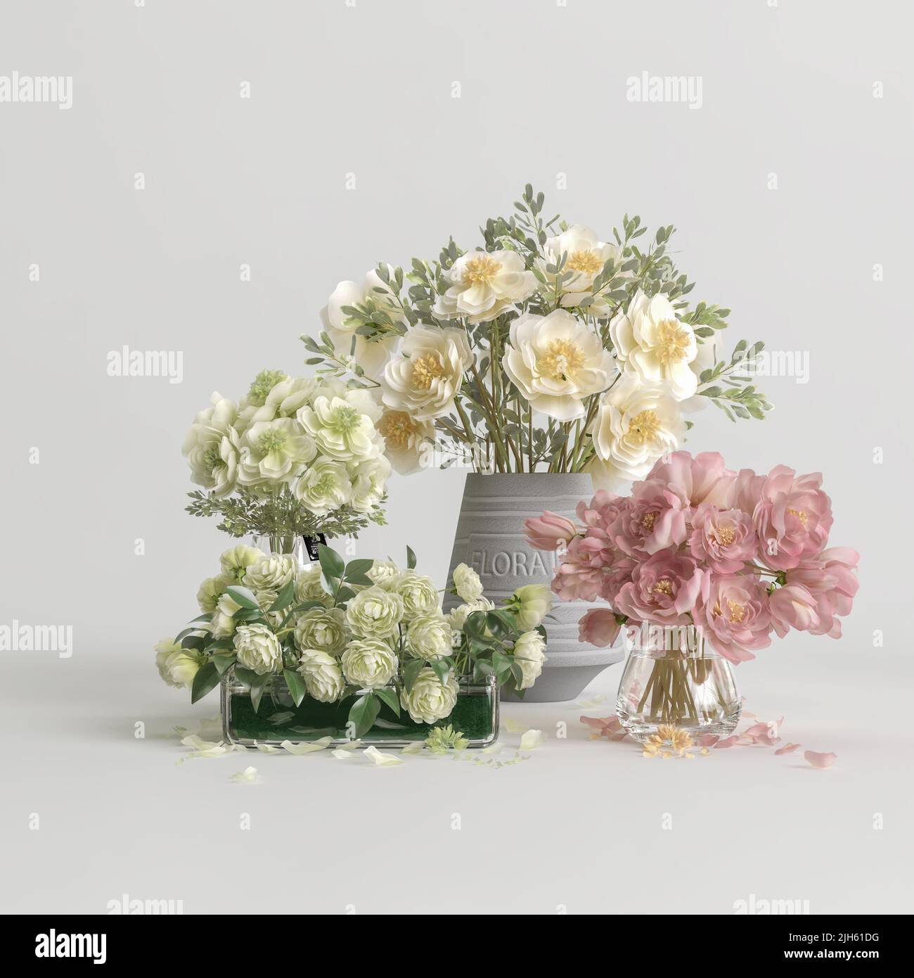 3d illustration of set decorative flower vase inside isolated on white ...