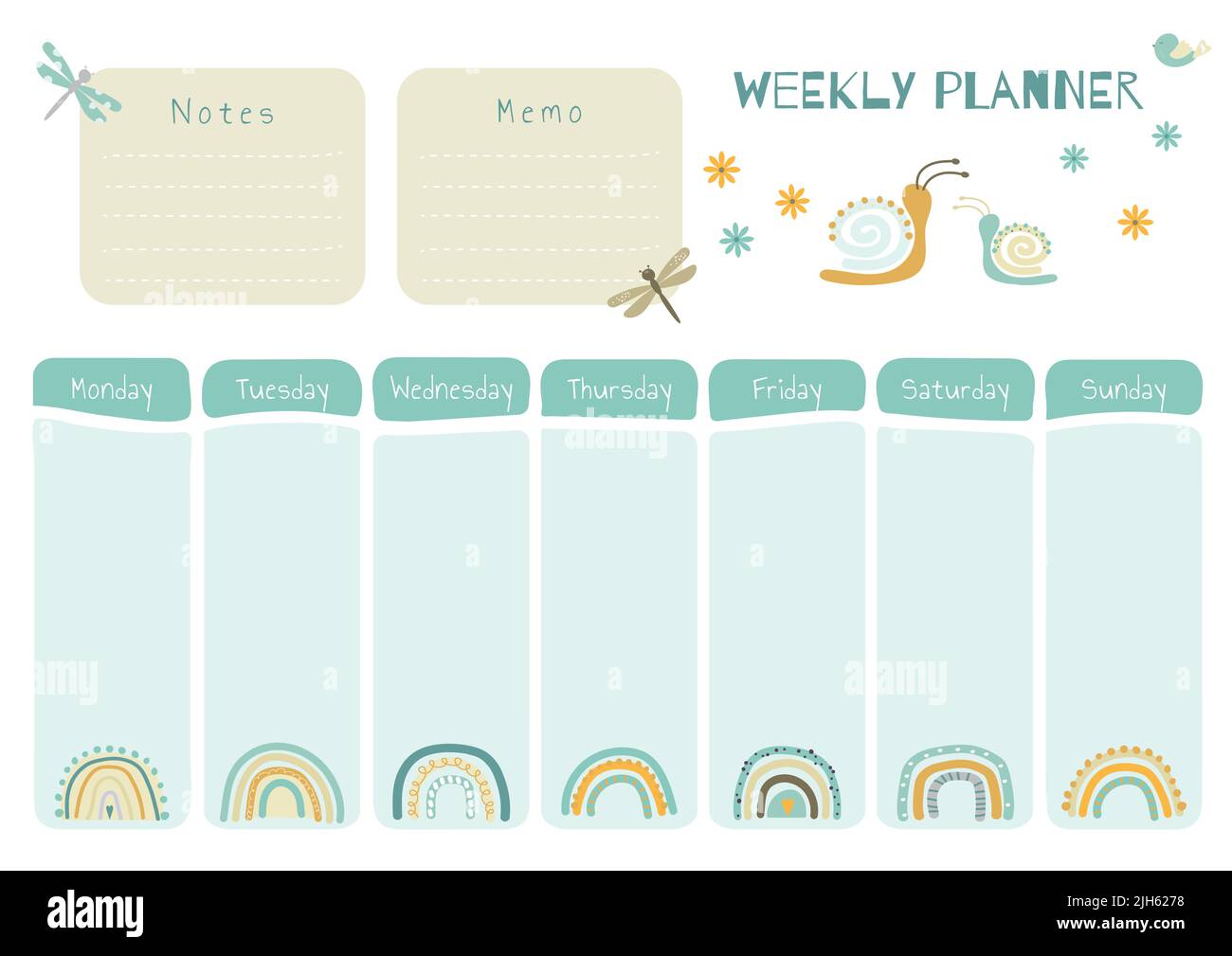 Printable planner template in vector with cartoon rainbow drawings for ...