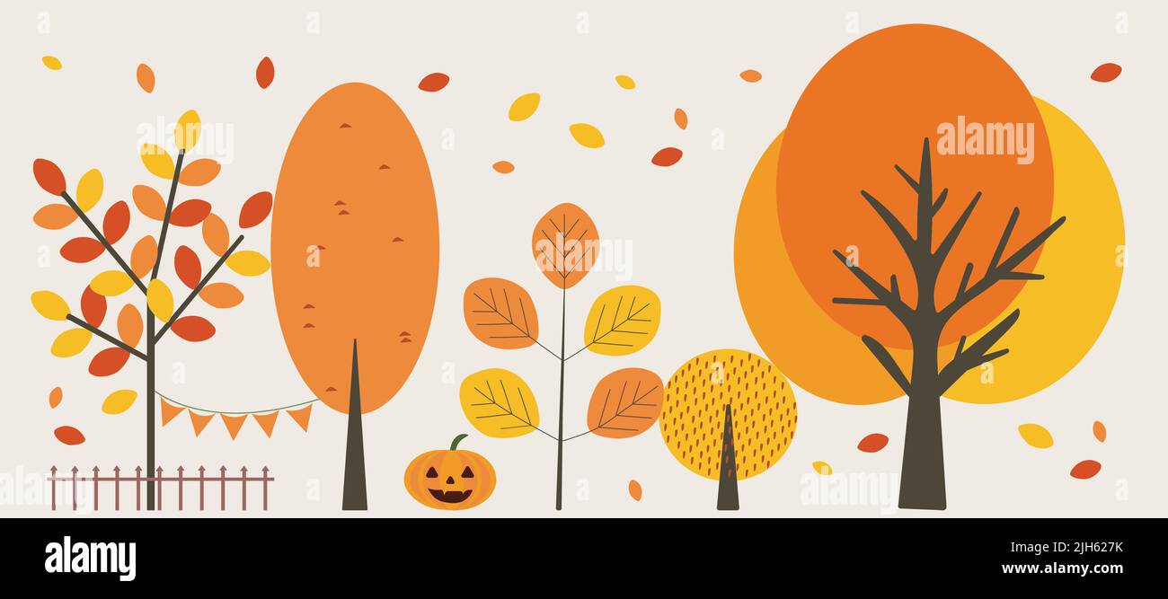 Beautiful autumn orange trees seasonal paintings with falling leaves ...