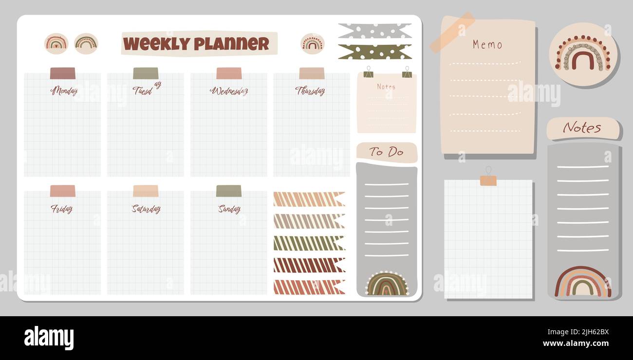 Printable planner template in vector with cartoon rainbow drawings and ...