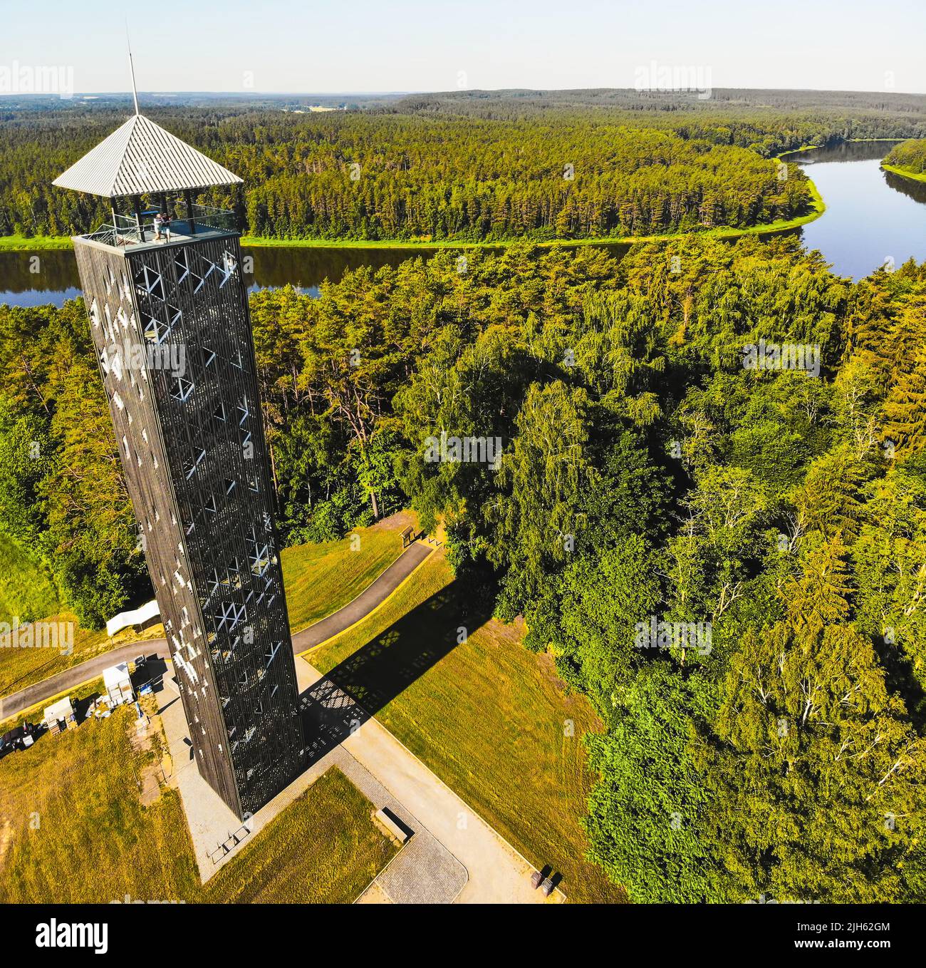 Aerial panoramic view famous observation viewpoint tower in Birstonas ...