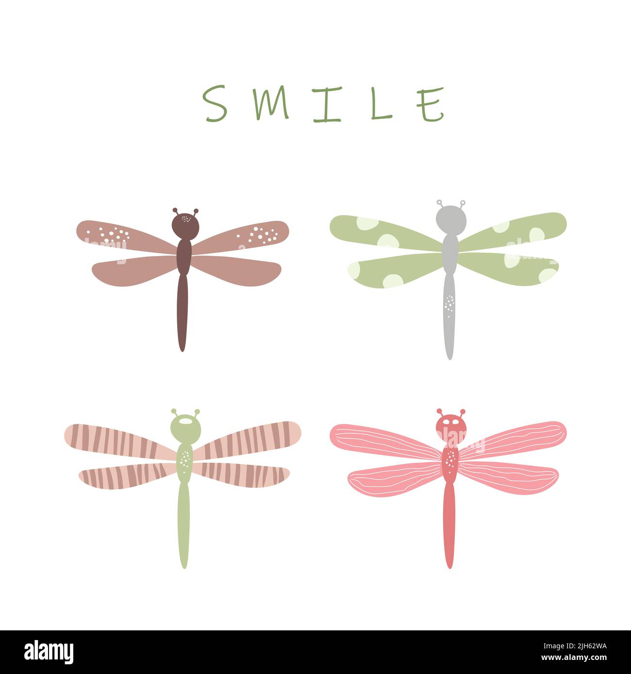 Dragonfly cartoon vector paintings set with text smile. Beautiful ...