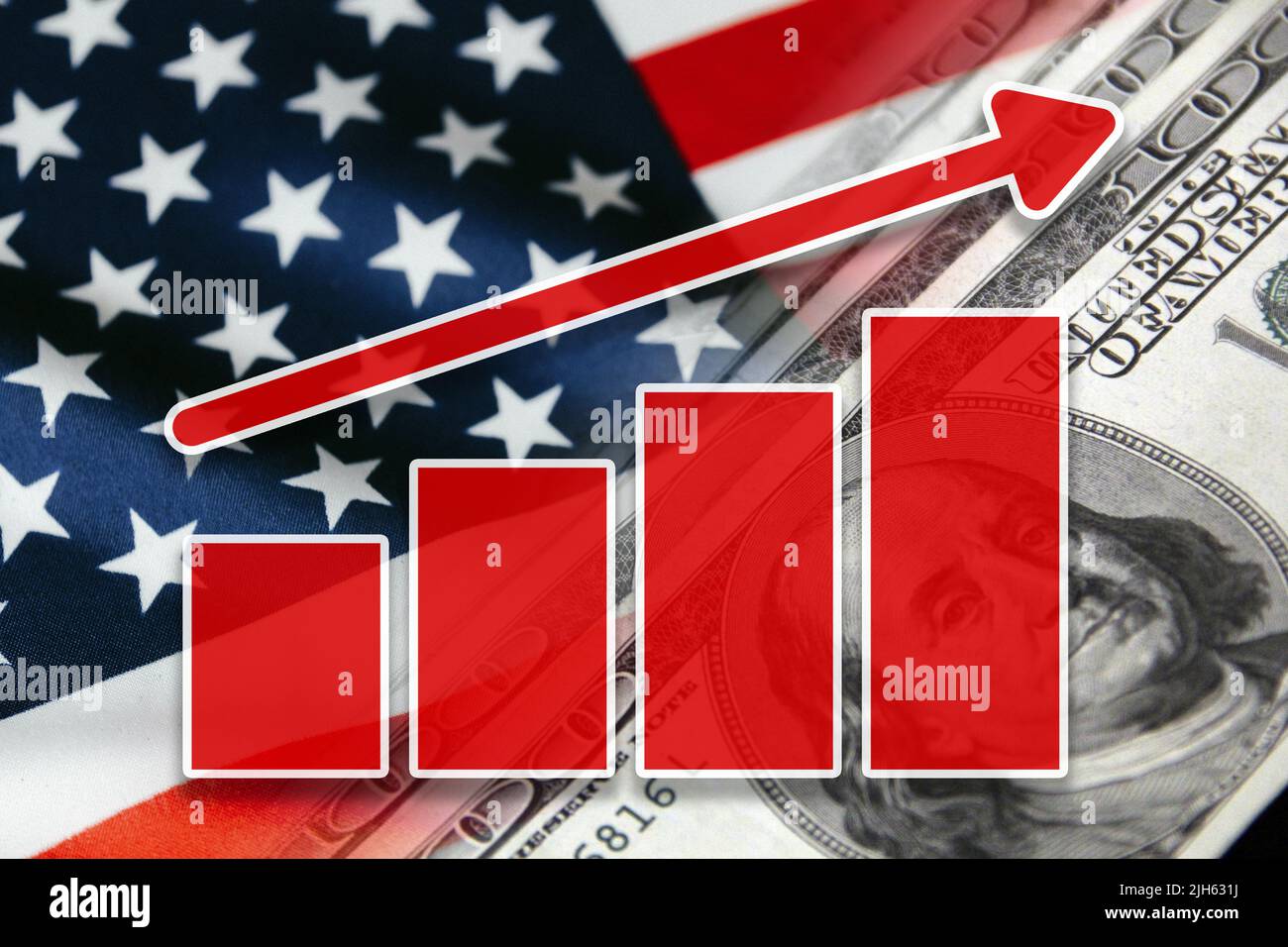 Economy graph: rising arrow, USA flag and cash dollars (inflation ...