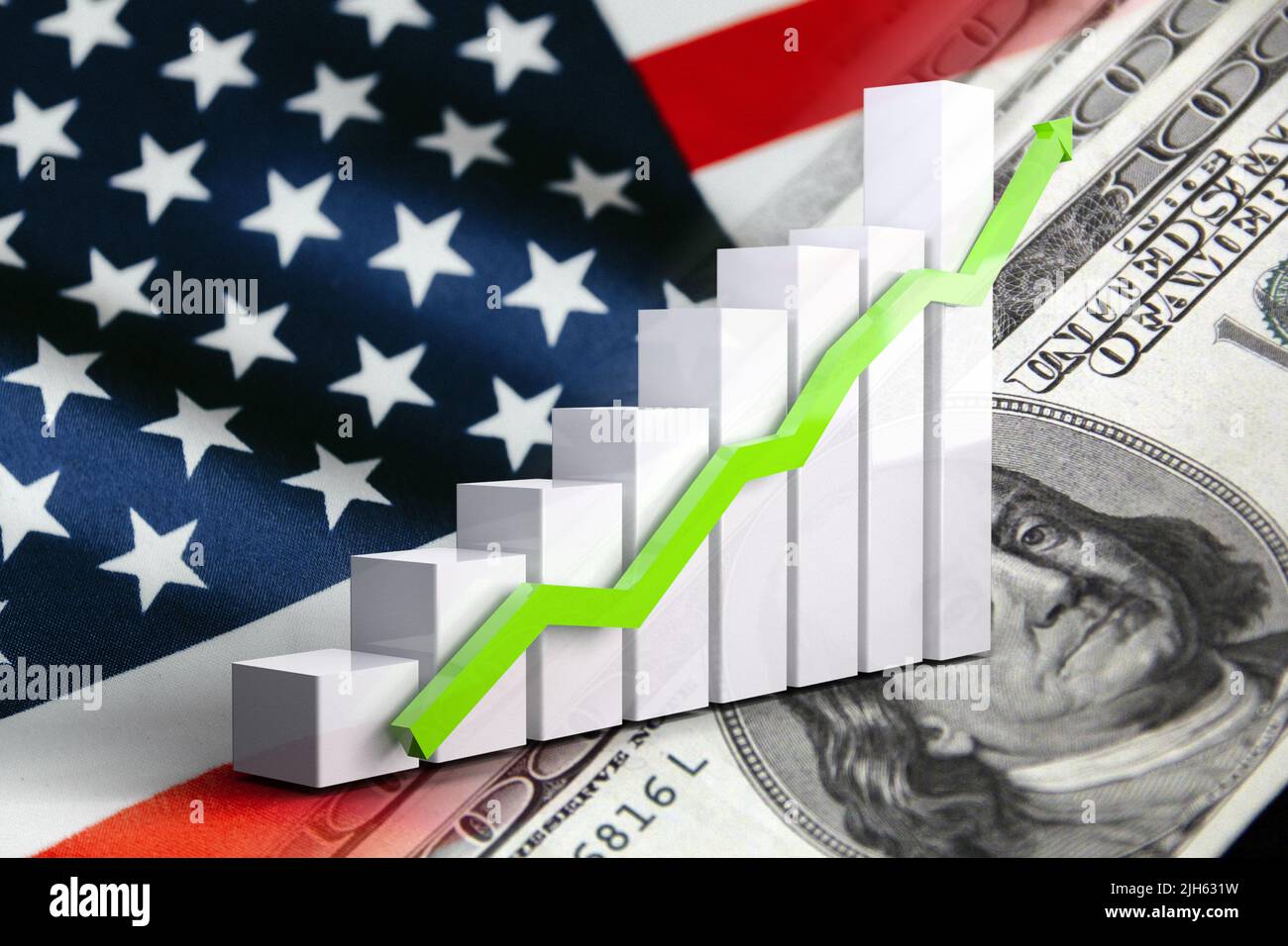 Economy graph: up arrow, USA flag and cash dollars bills (inflation ...