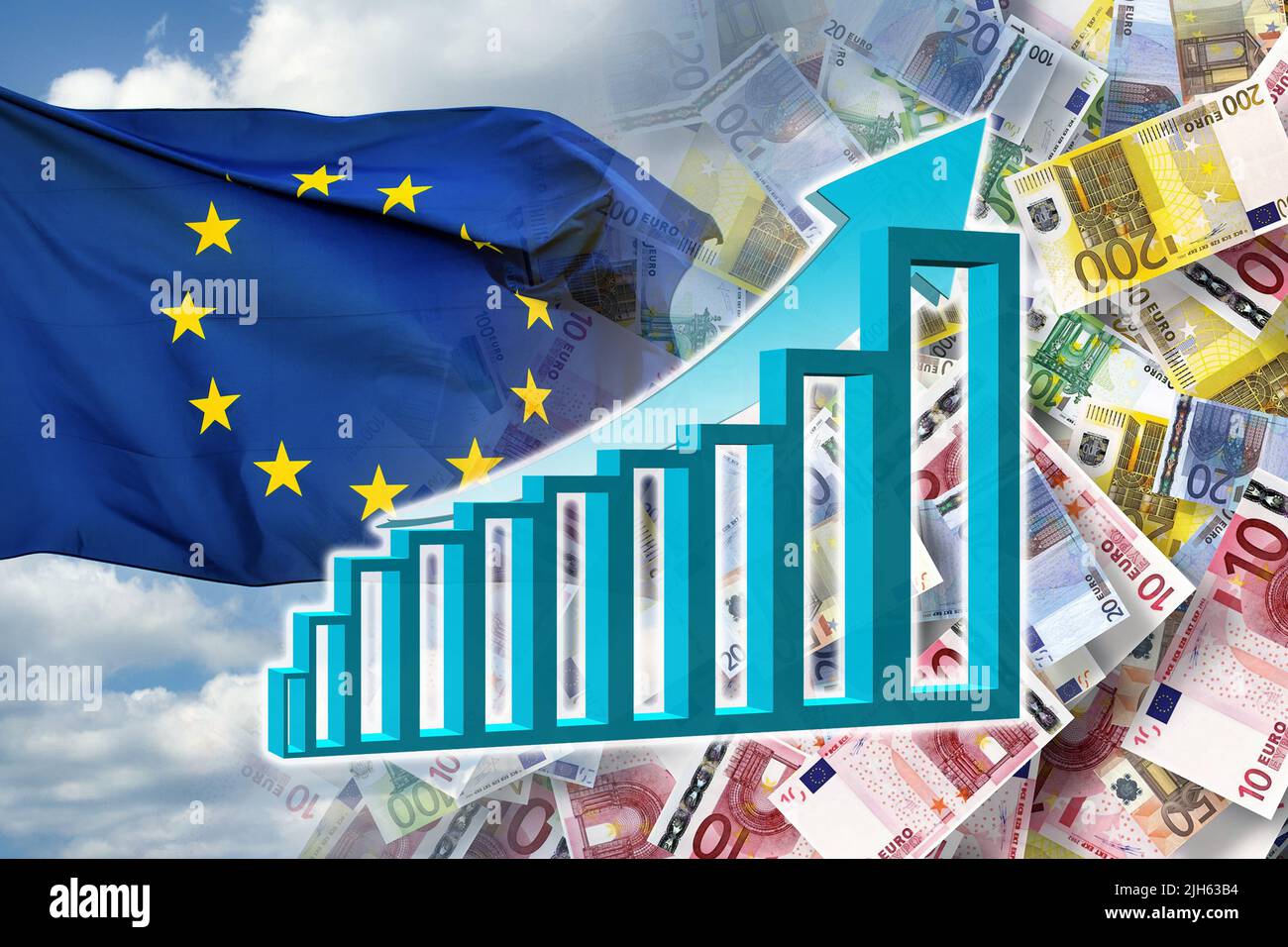 Economy graph: rising arrow, European Union flag and cash euro ...