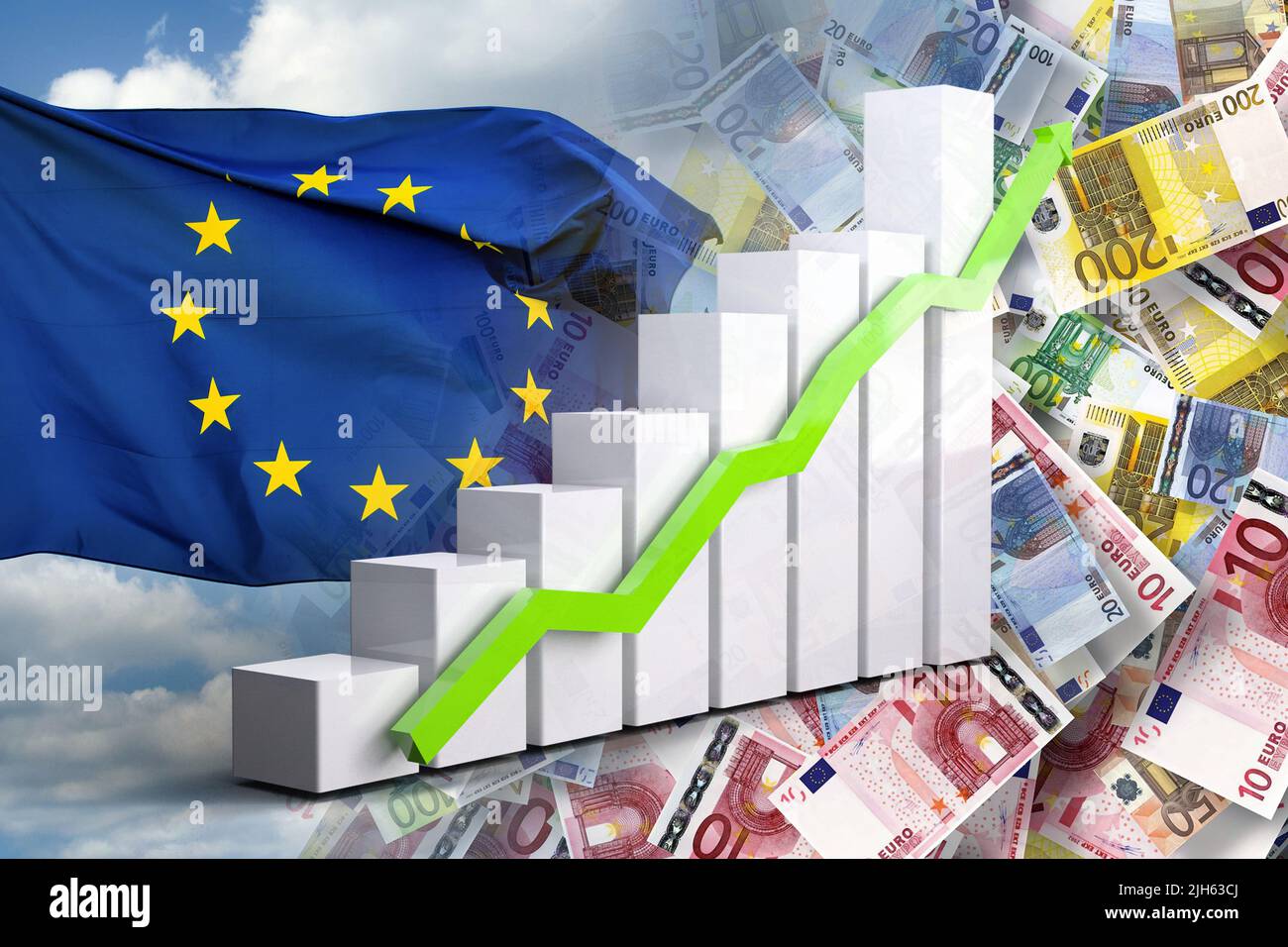 Economy graph: rising arrow, European Union flag and cash euro ...
