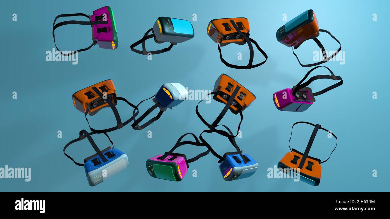Group of magenta, blue and orange virtual reality goggles in different ...