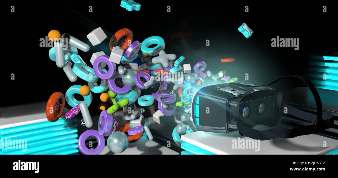 Group of geometric shapes being ejected from virtual reality goggles ...