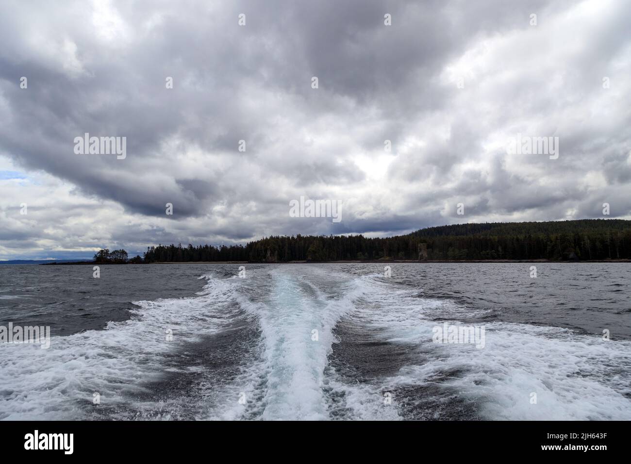 An outboard motor wake from a cruising powerboat on the sea in a ...
