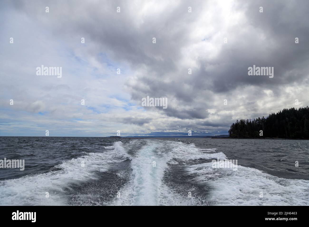 An outboard motor wake from a cruising powerboat on the sea in a ...