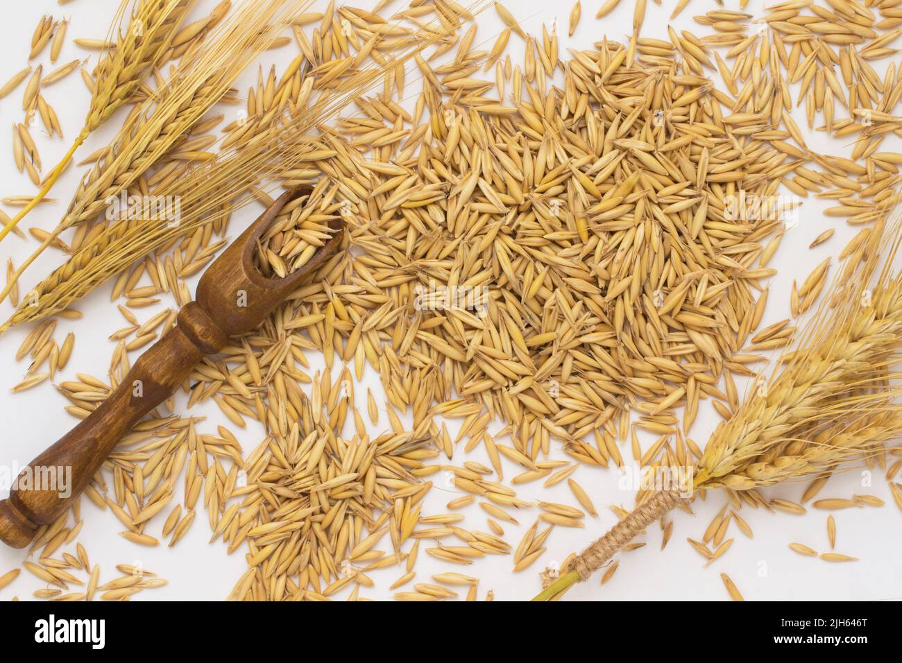Oats are scattered on the table, a wooden spoon, wheat and barley Stock ...