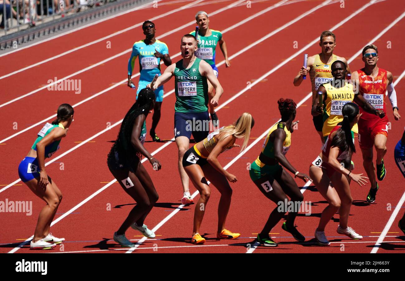 Ireland's Rhsidat Adeleke (second left) receives the baton from Jack ...