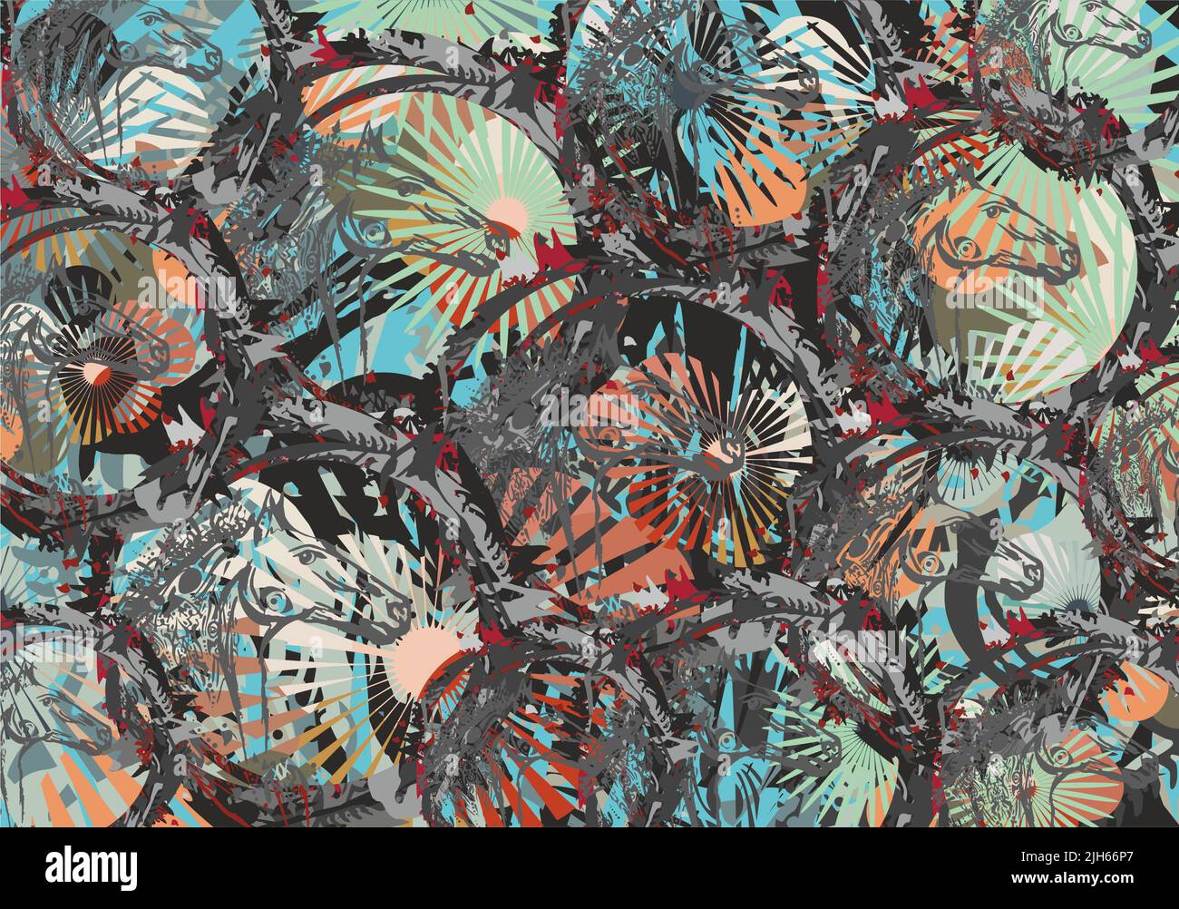Grungy colorful background with horse elements and floral motifs ...