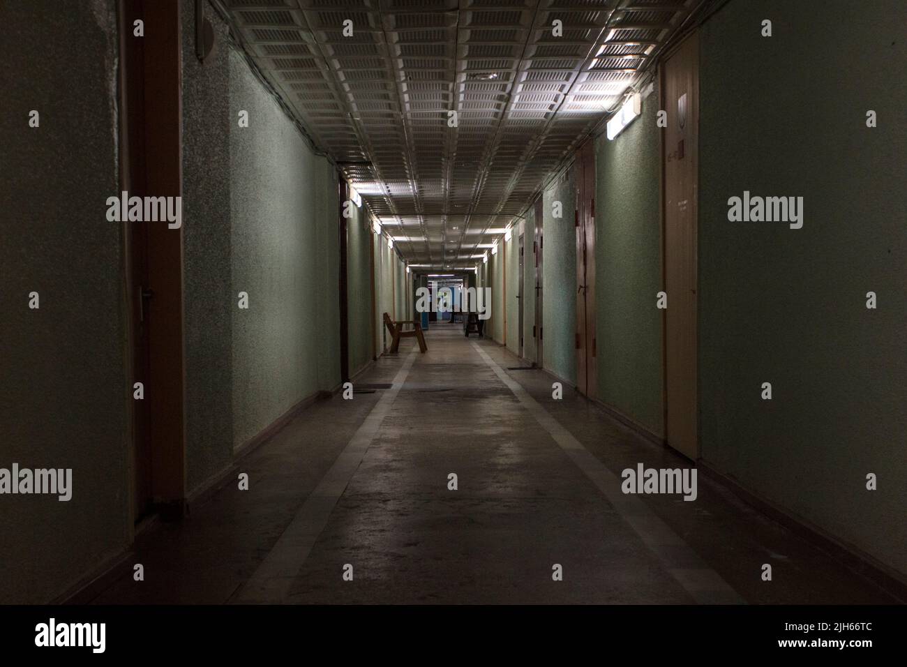 long corridor with wooden doors and a sitting silhouette at the end ...