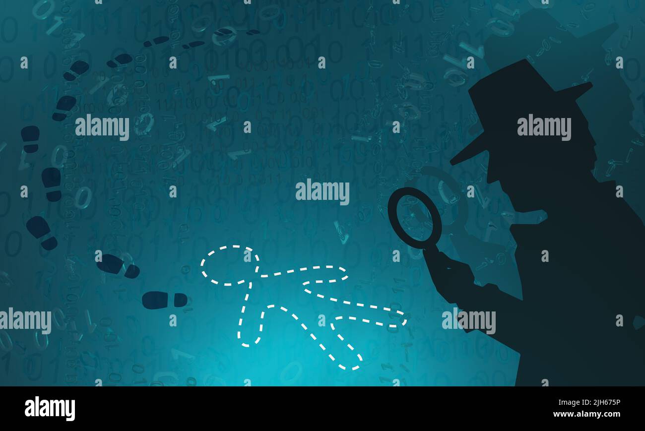 Cyberspace detective shadow figure crime scene chalk outline, blue ...