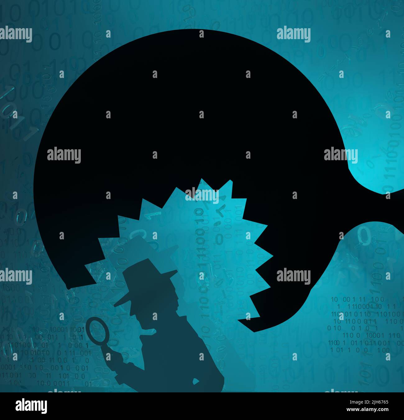 Cyberspace detective shadow figure eaten, blue color, virtual reality ...