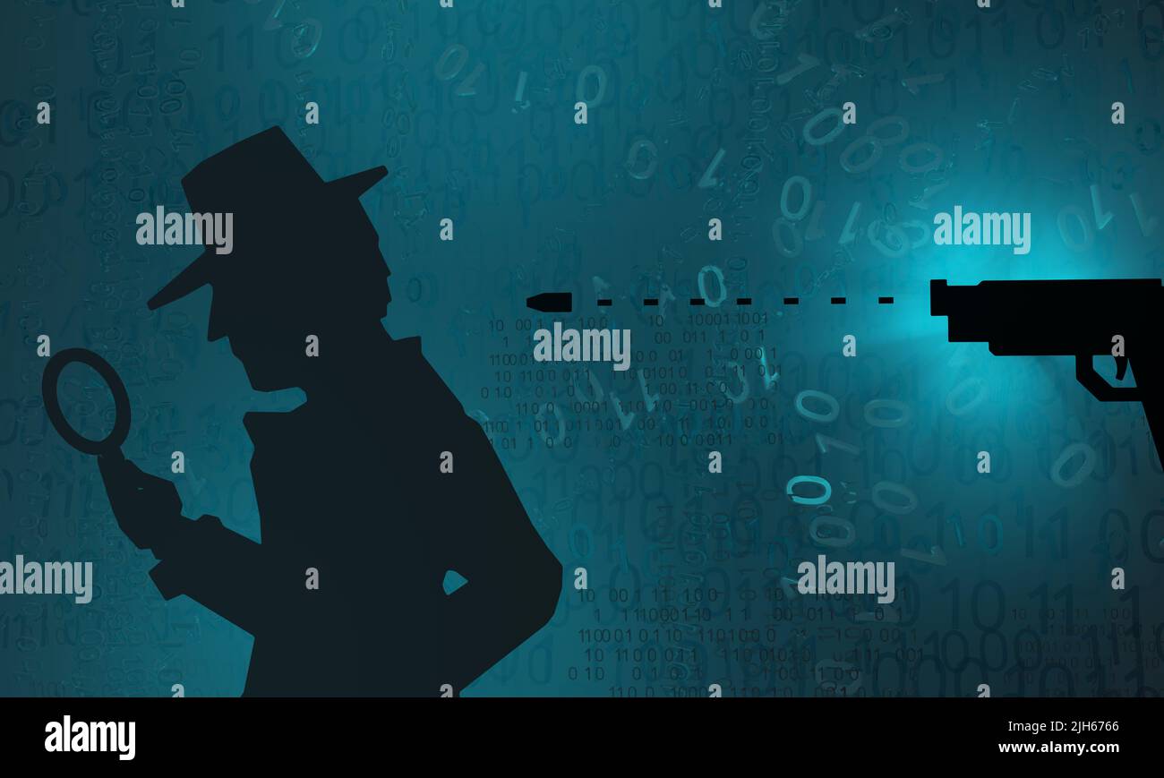 Cyberspace detective shadow figure assassination, blue color, virtual ...