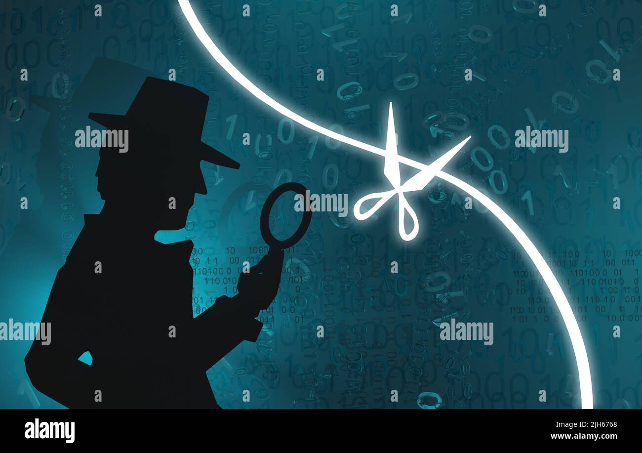 Cyberspace detective shadow figure disconnect cut glowing, blue color ...