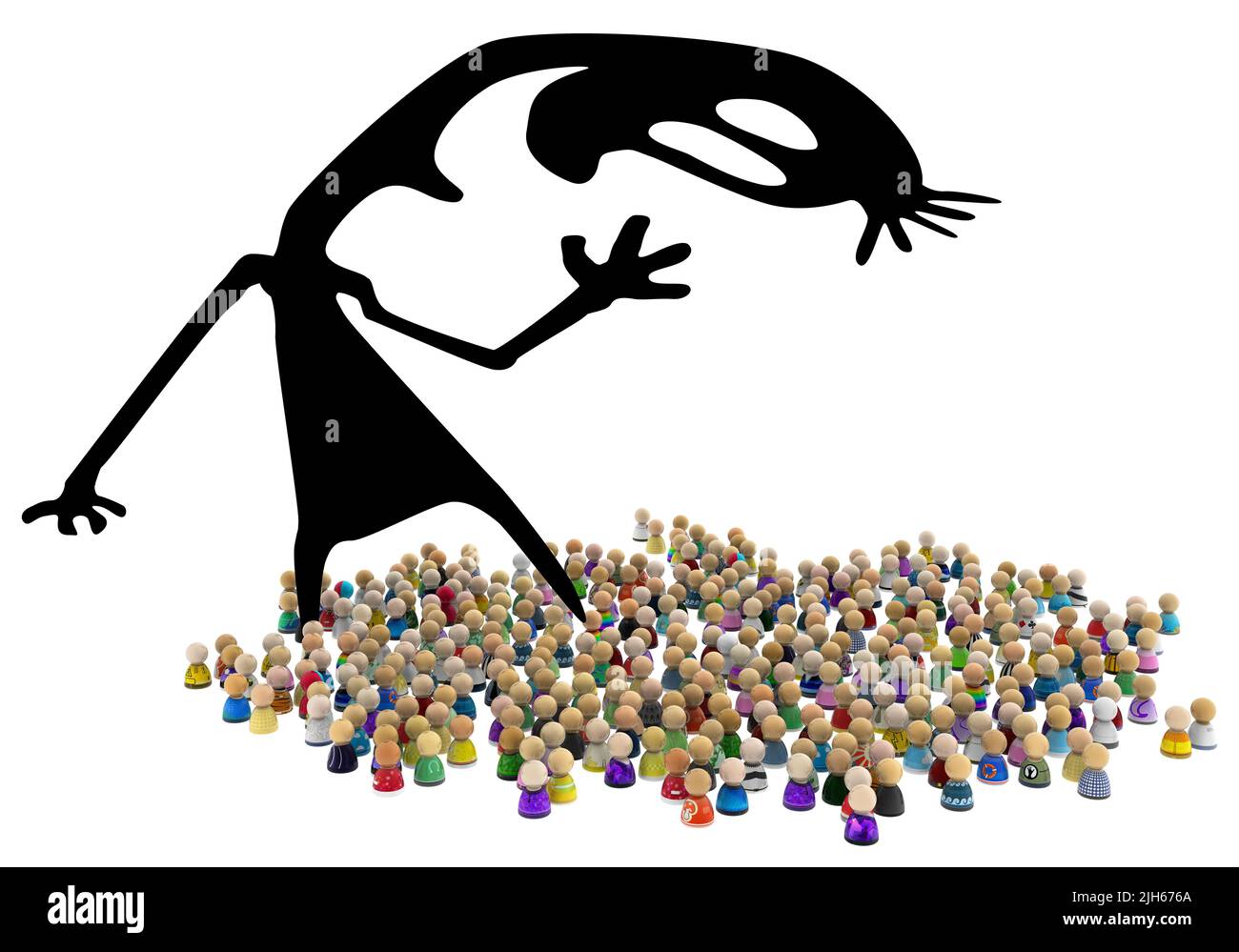 Crowd of small symbolic figures, giant shadow above welcoming greeting ...