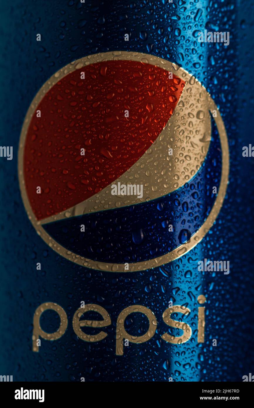 Detail of classic Pepsi can on black background. Studio shot in ...