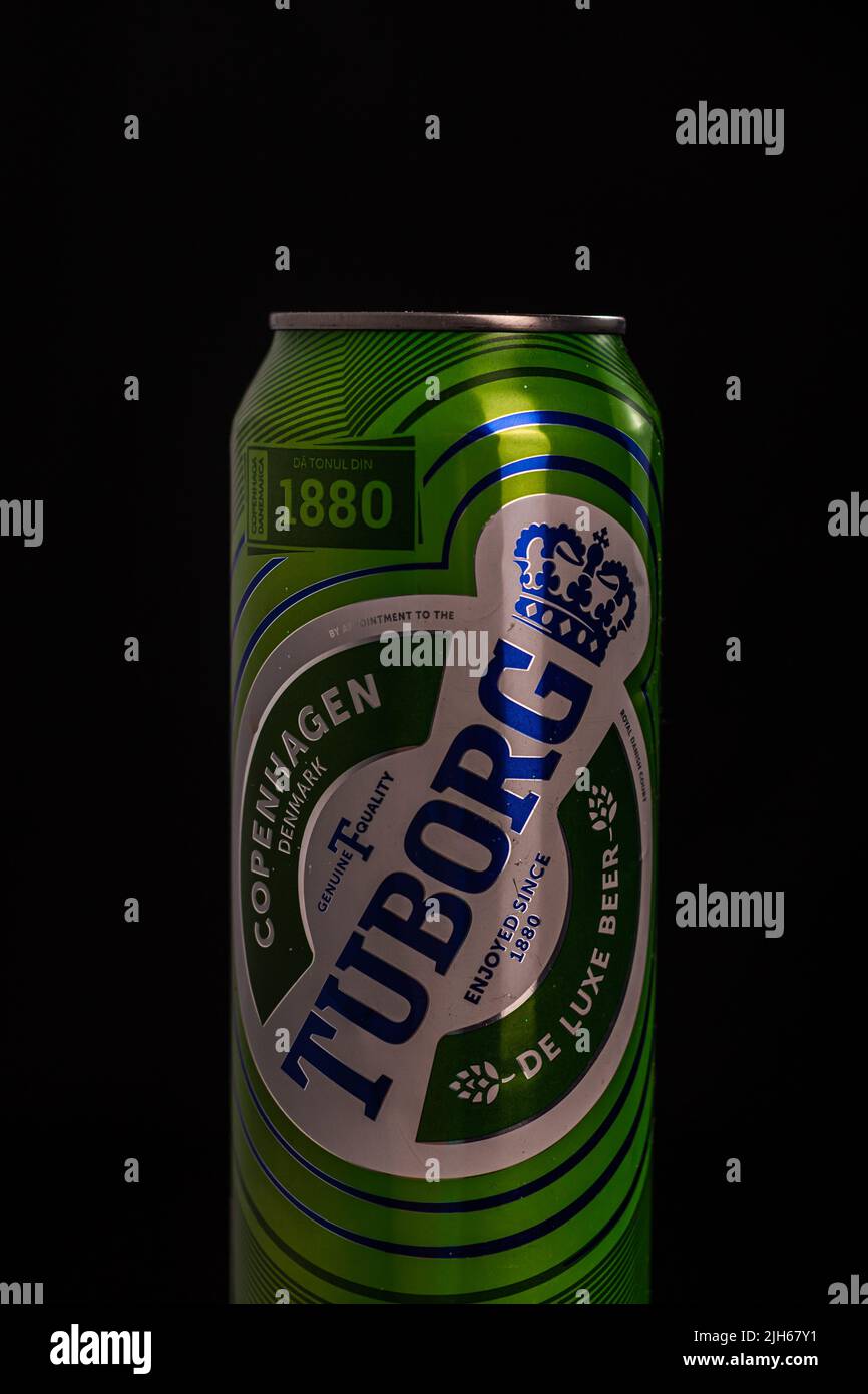 Tuborg beer can isolated on black background. Bucharest, Romania, 2020 ...