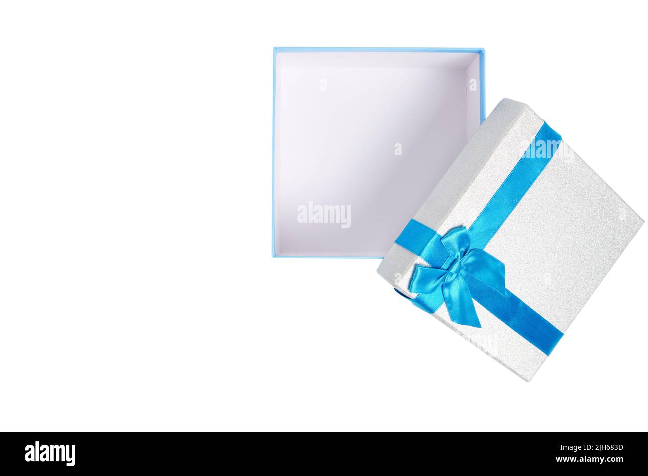 Open gift box with blue ribbon and bow white background Stock Photo - Alamy