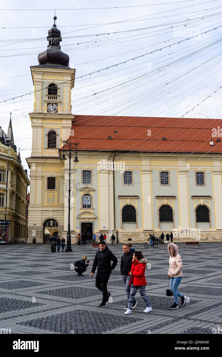 People and tourists wandering in old town Sibiu, Romania, 2022 Stock ...