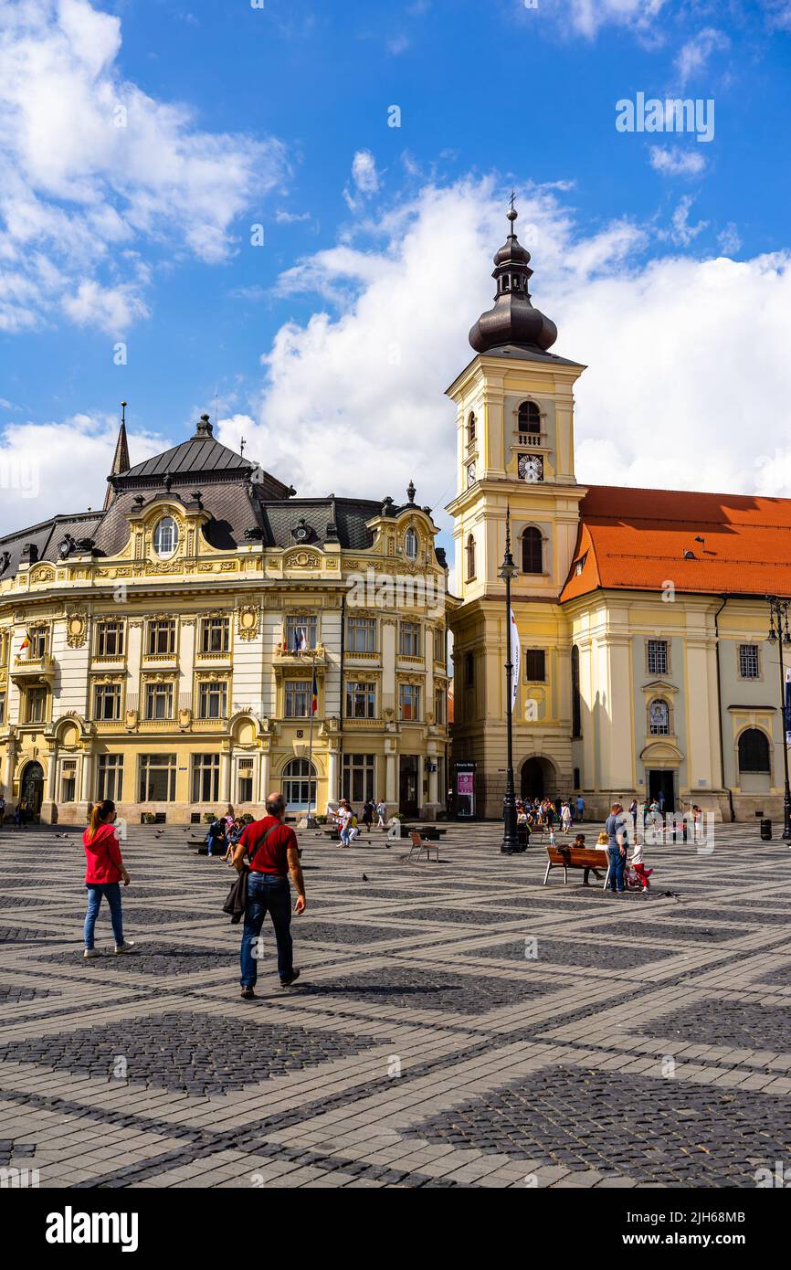 People and tourists wandering in old town Sibiu, Romania, 2022 Stock ...