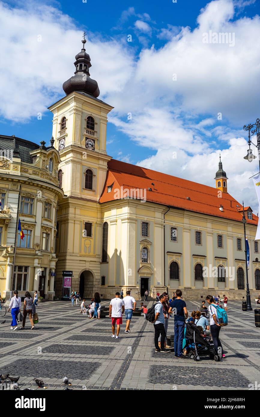 People and tourists wandering in old town Sibiu, Romania, 2022 Stock ...