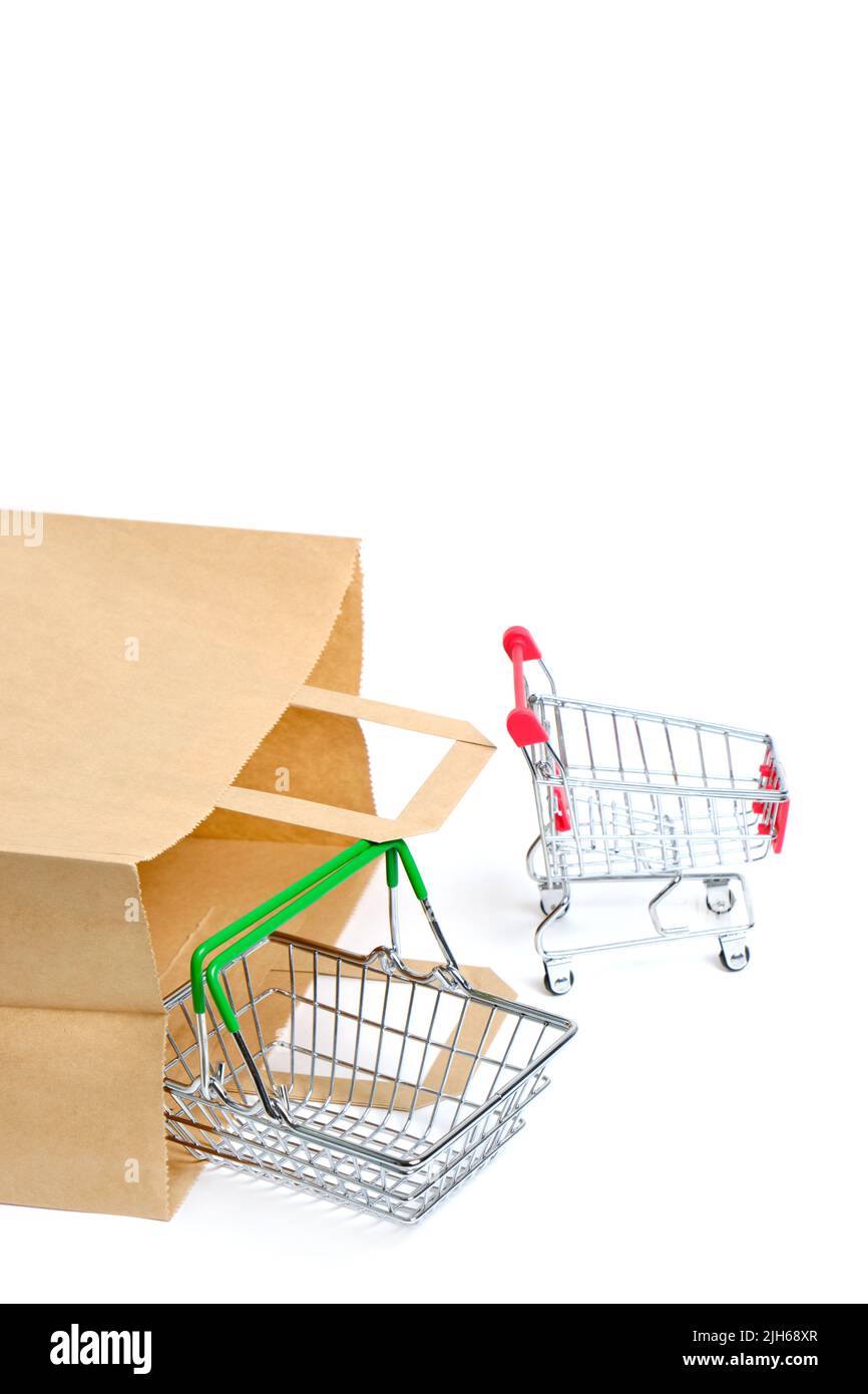 Paper bag, shopping cart and shopping basket white background Stock ...